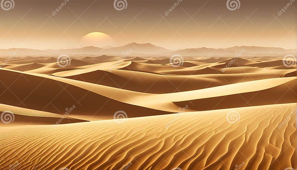 Abstract Desert Scene with Triangular Sand Dunes and a Single Circular Sun, Using Sharp Lines ...