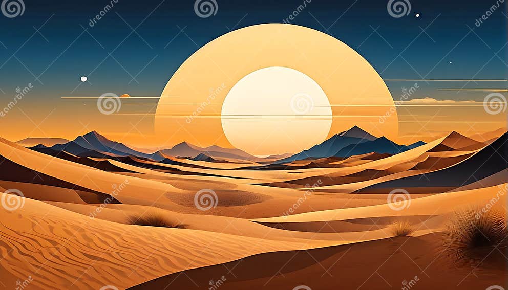 Abstract Desert Scene with Triangular Sand Dunes and a Single Circular Sun, Using Sharp Lines ...