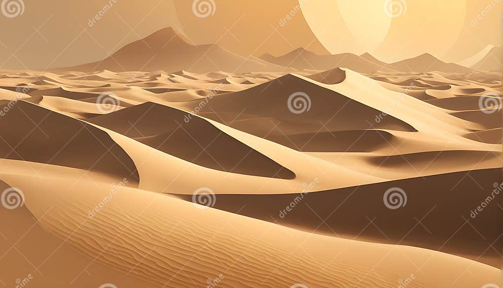 Abstract Desert Scene with Triangular Sand Dunes and a Single Circular Sun, Using Sharp Lines ...