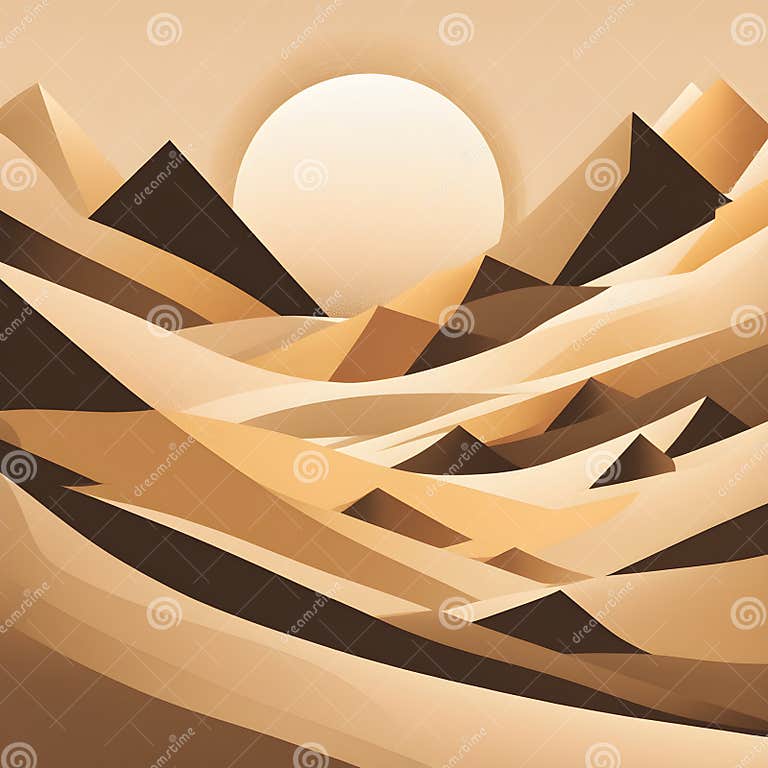 Abstract Desert Scene with Triangular Sand Dunes and a Single Circular ...