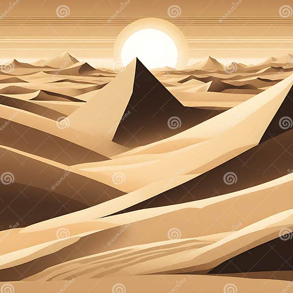 Abstract Desert Scene with Triangular Sand Dunes and a Single Circular ...