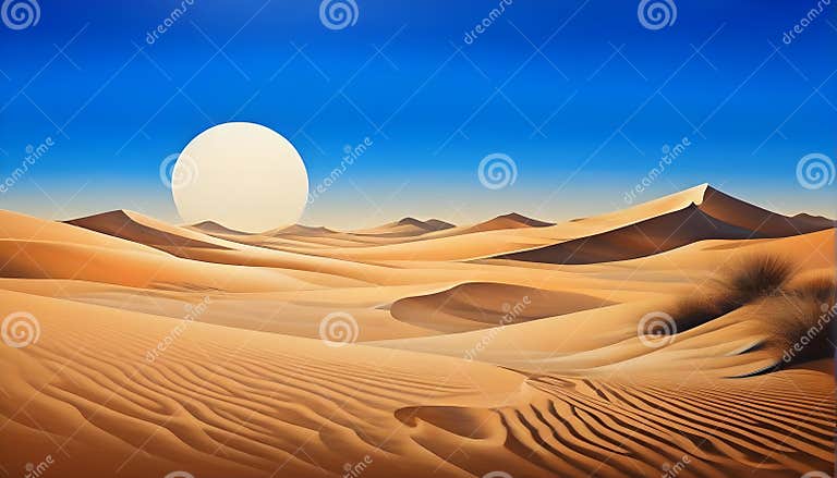 Abstract Desert Scene with Triangular Sand Dunes and a Single Circular Sun, Using Sharp Lines ...