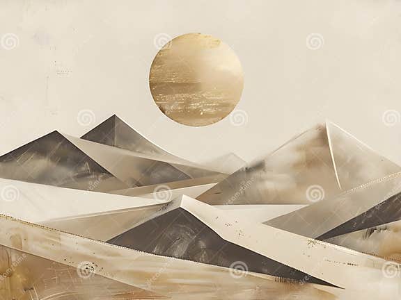 Abstract Desert Scene with Triangular Sand Dunes and a Single Circular ...