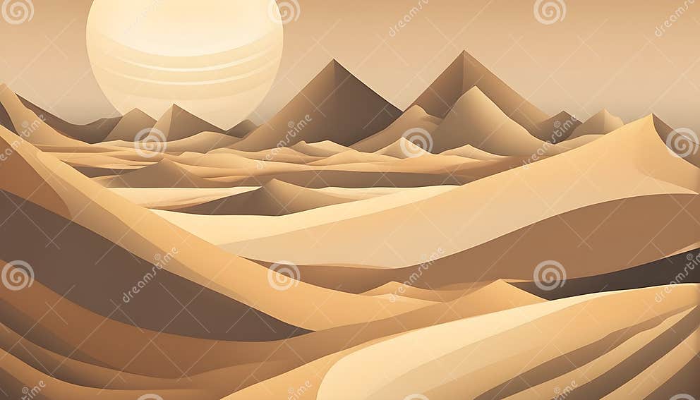 Abstract Desert Scene with Triangular Sand Dunes and a Single Circular Sun, Using Sharp Lines ...