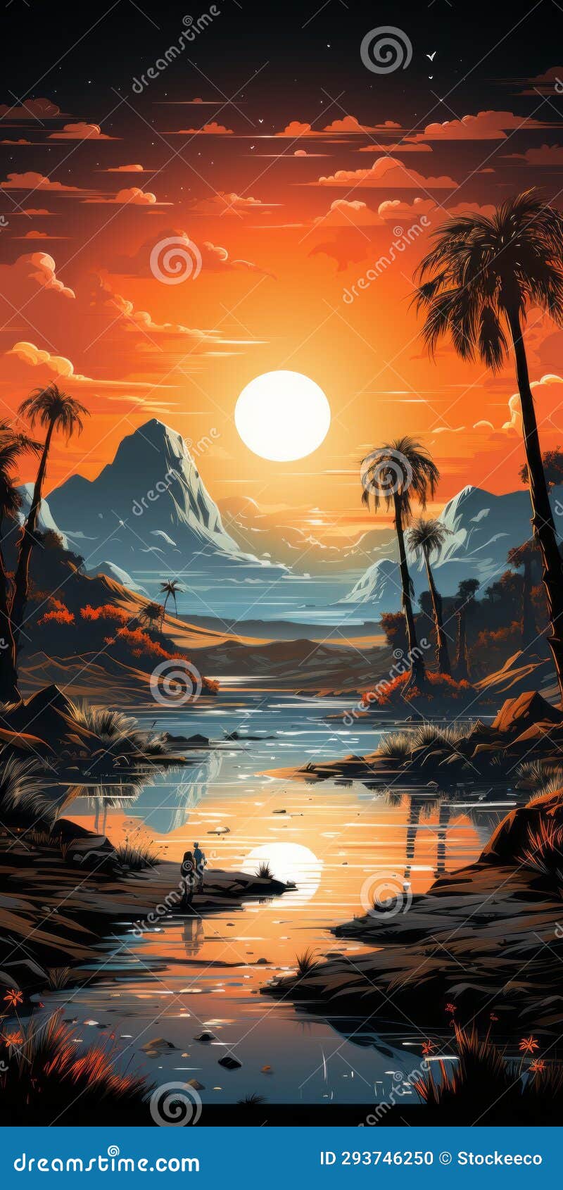 Retrocession Camping Poster: Desert Oasis with Silhouette of Palm Trees ...