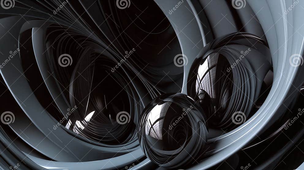 Abstract Design Featuring Swirling Patterns and Reflective Spheres in a ...