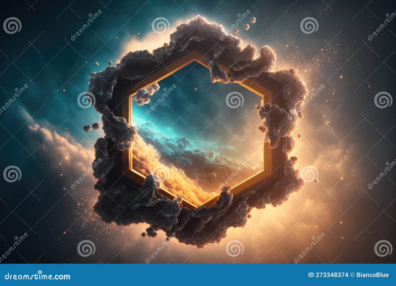 Abstract Design of Hexagon Shape Clouds with Dying Colorful Particles ...