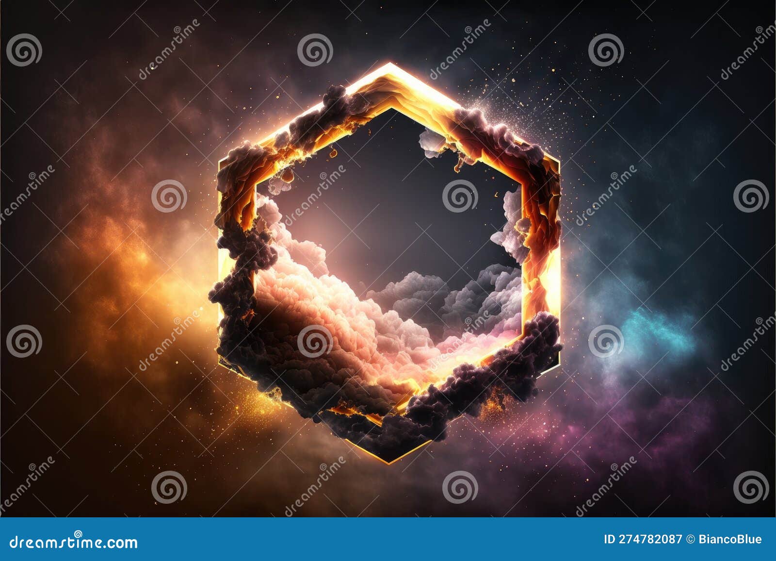 Abstract Design of Hexagon Shape Clouds with Dying Colorful Particles ...