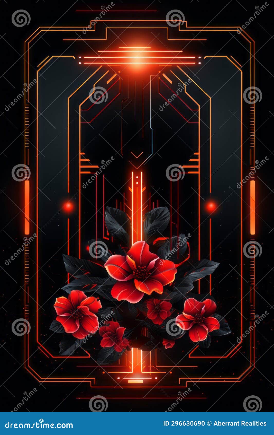 An Abstract Design with Red Flowers on a Black Background Stock ...