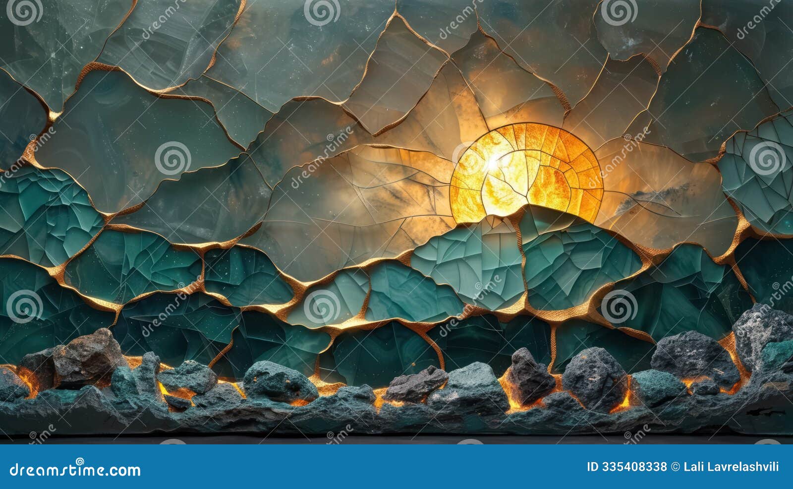 Abstract Design with Teal and Gold Fractured Glass Pattern Stock ...