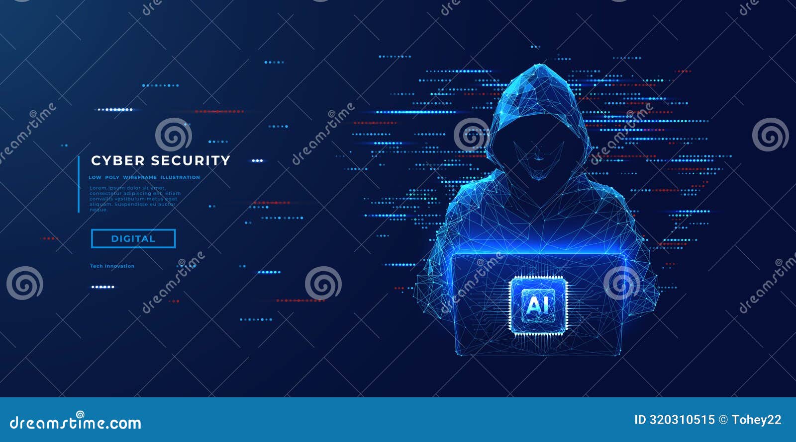 Abstract Digital Anonymous Hacker with Light Blue Laptop and AI Chip ...