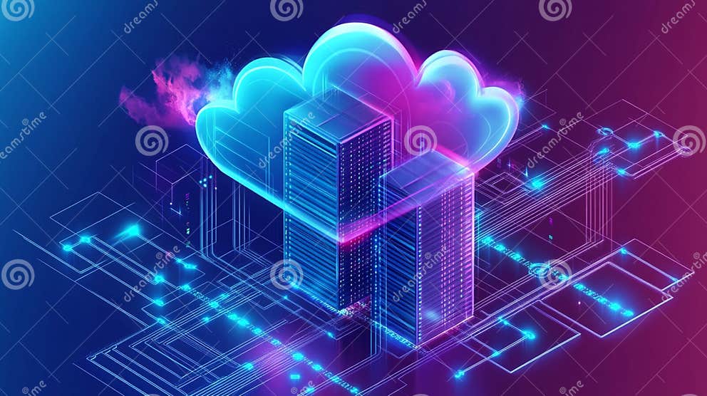 Abstract Cloud Computing Server Network Digital Technology Data Center Web Neon Blue Pink Lines