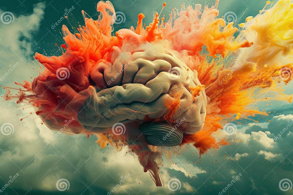 Abstract Digital Art of a Human Brain Bursting with Vibrant Orange ...