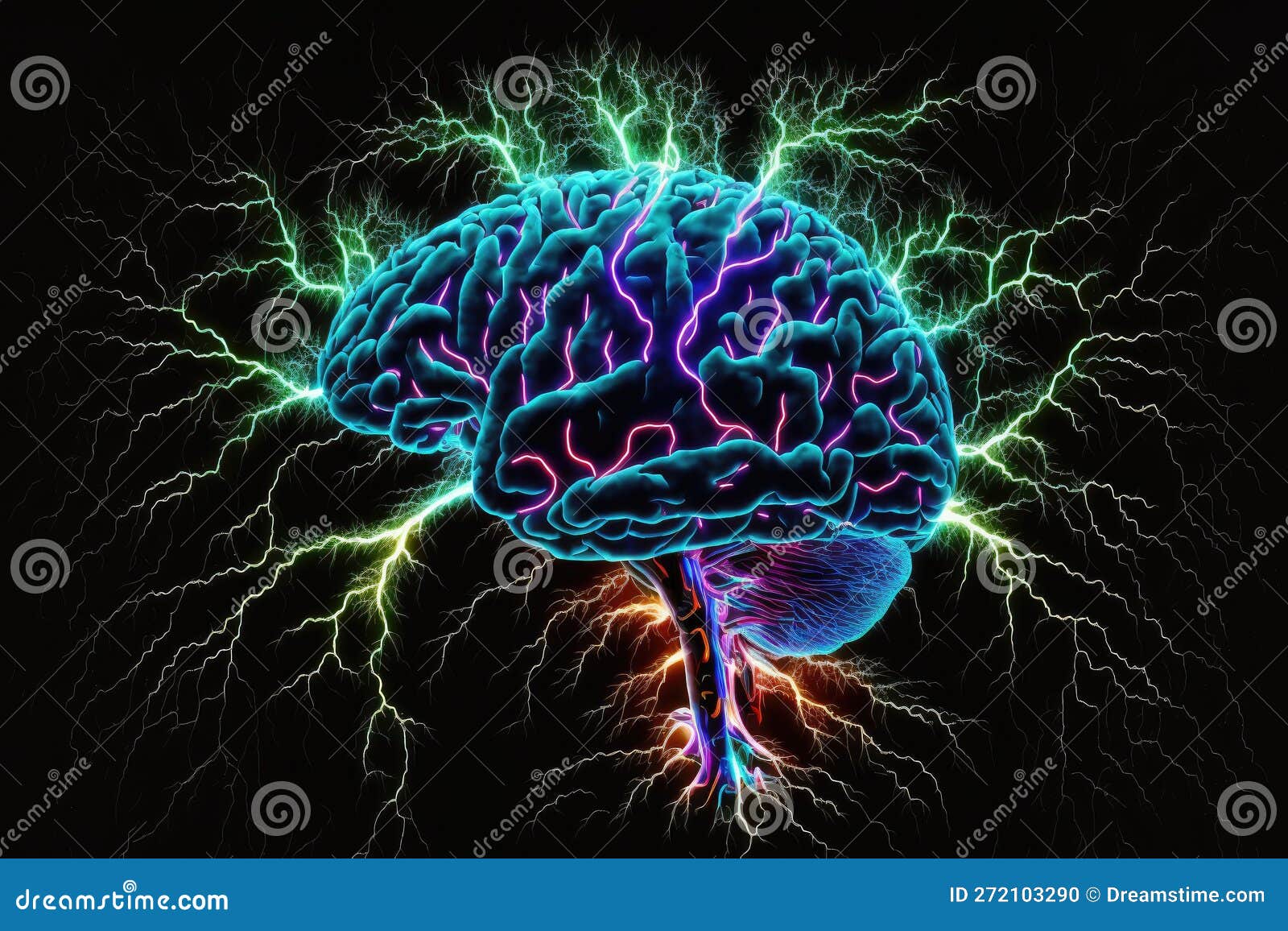 Abstract Art of Neon Light Brain with Nerves Isolated on Black ...