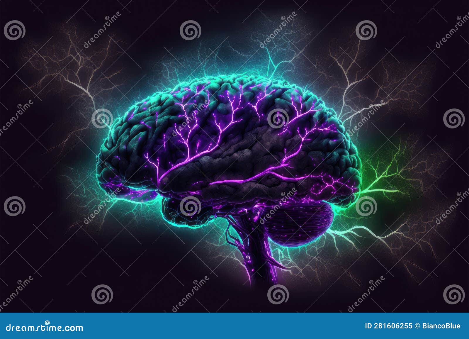 Abstract Art of Neon Light Brain with Nerves Isolated on Black ...