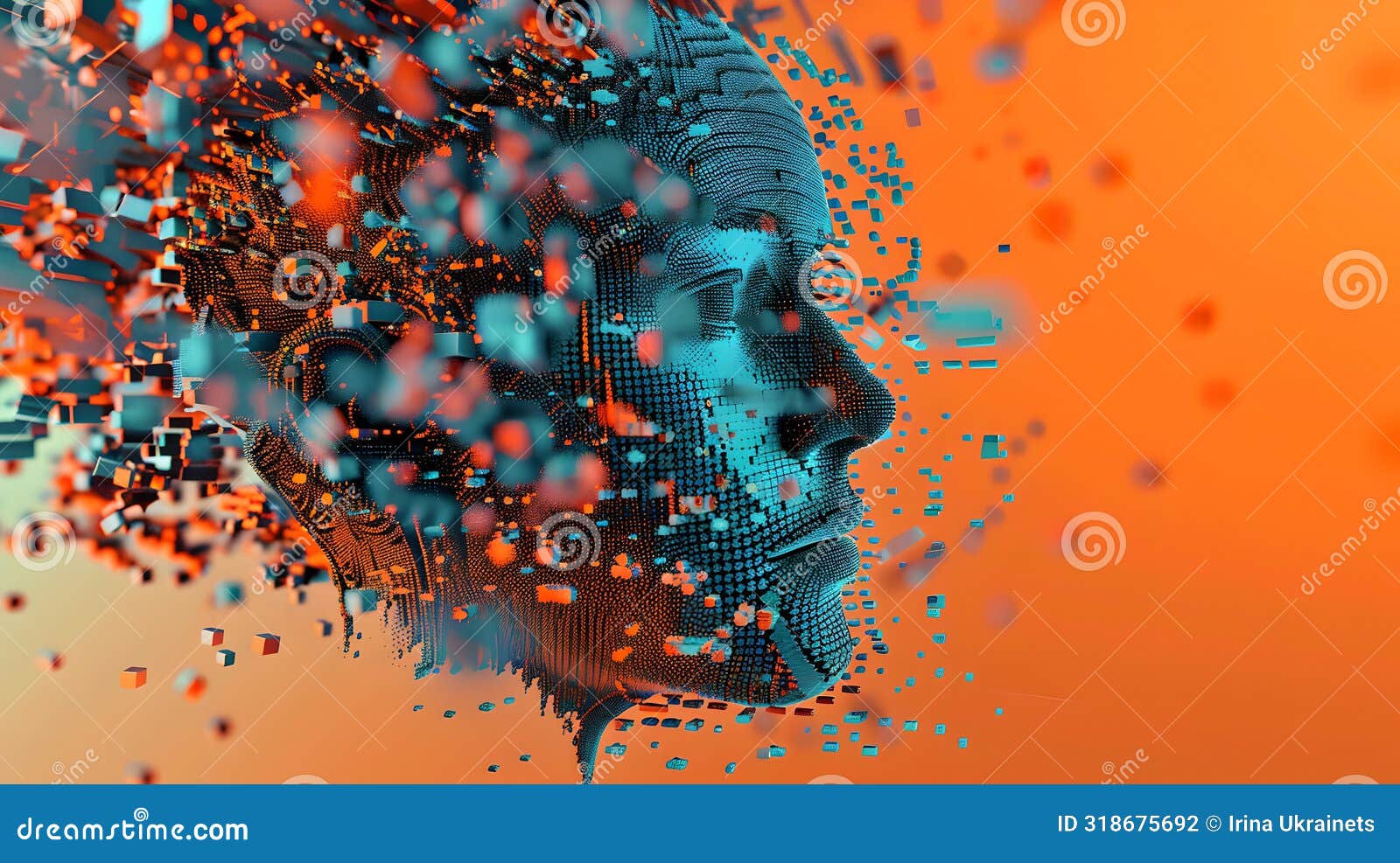 Digital Art of a Fragmented Human Head, Dissolving into Bits, Showing ...
