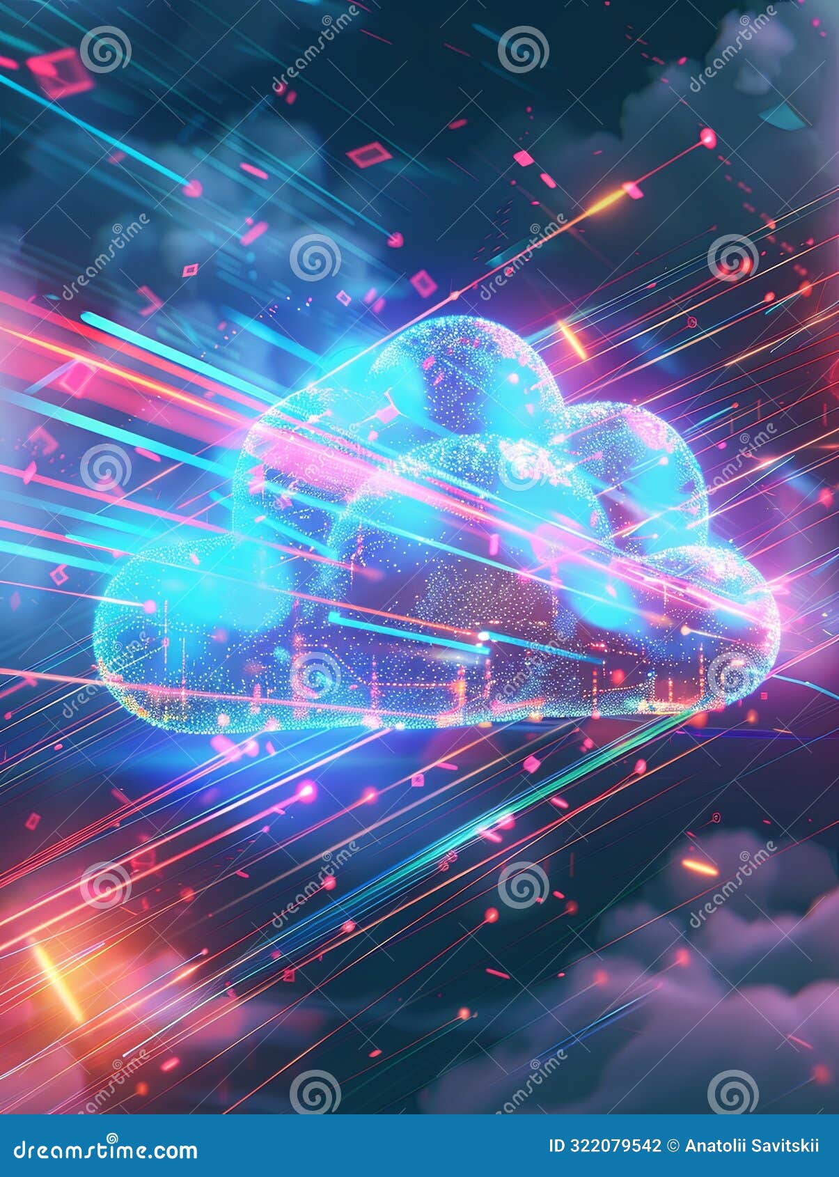 An Abstract Digital Artwork Depicting Cloud Computing with Data Processing and AI Operations in ...