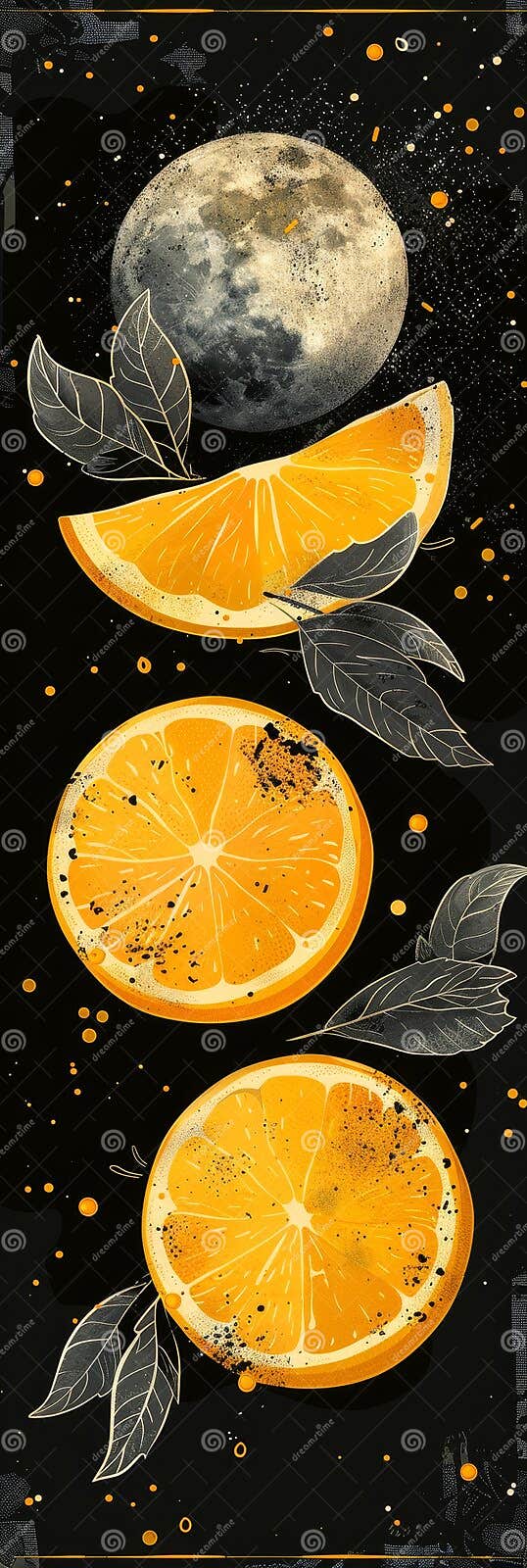 Abstract Orange Slices and Moon on Black Background Stock Illustration ...