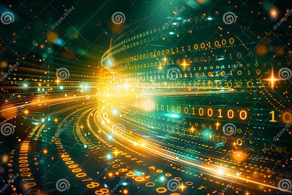 Abstract Digital Background with Binary Code and Bright Light Streaks ...