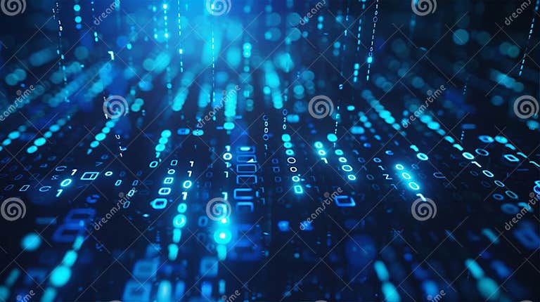 Abstract Digital Background with Blue Binary Code and Glowing Bokeh Lights. Ideal for Technology ...