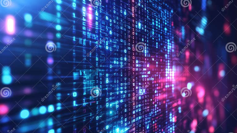 Abstract Digital Binary Code Background Neon Blue Pink Technology Data Stream Art Flow Glow ...