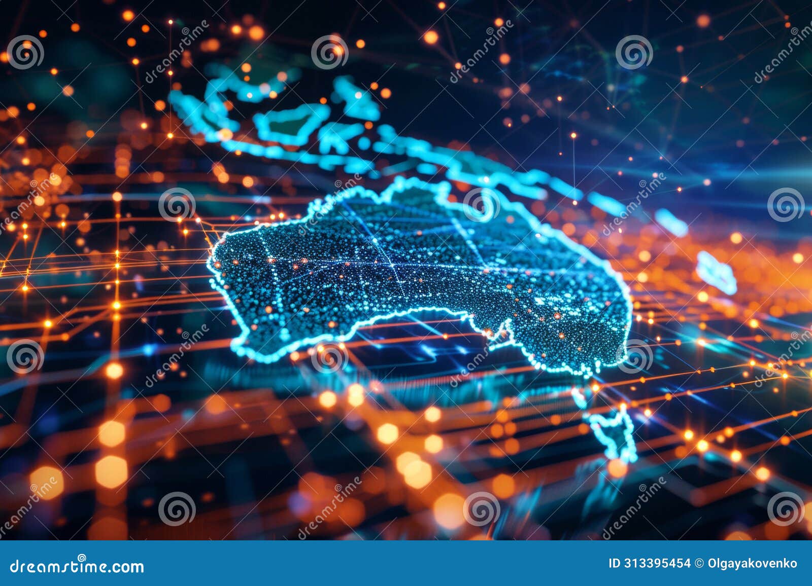 Abstract Digital Blue Outline of Australia on a Dark Background Stock ...