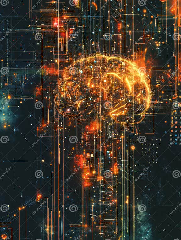 Abstract Digital Brain Illuminated by Vibrant Circuits and Wires in a Complex Neural Network ...