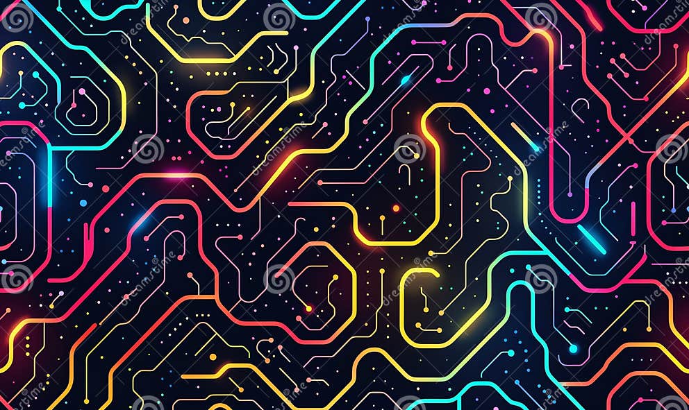 Abstract Digital Circuitry Pattern with Neon Colored Lines and Dots on ...