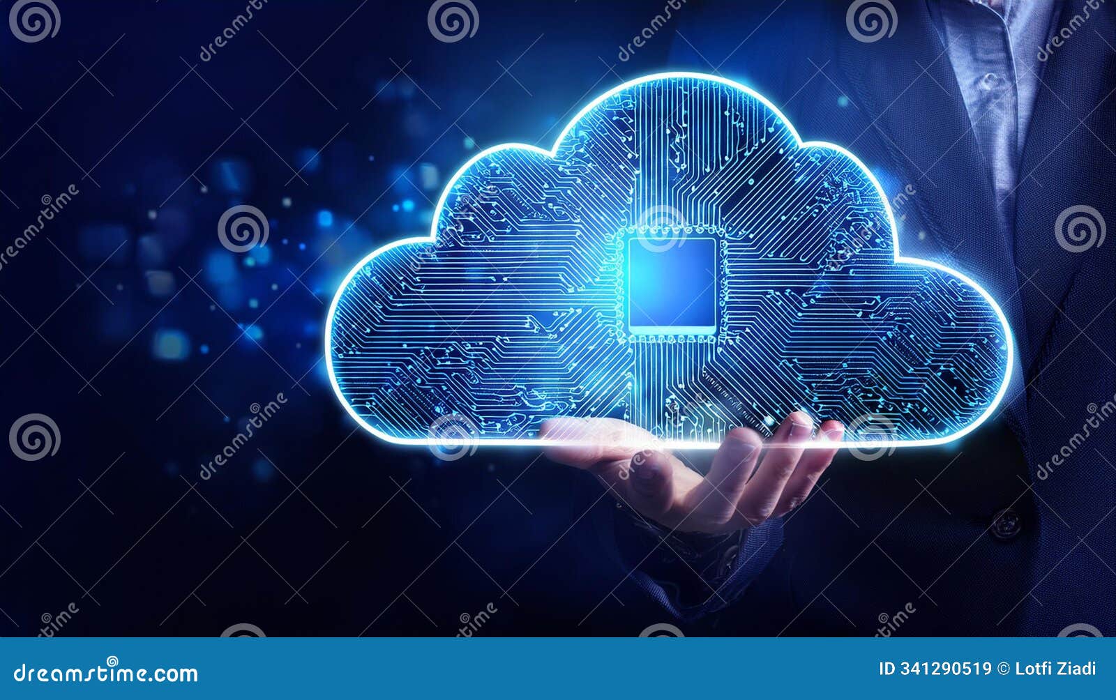 Abstract Digital Cloud Computing Concept on a Dark Blue Background ...