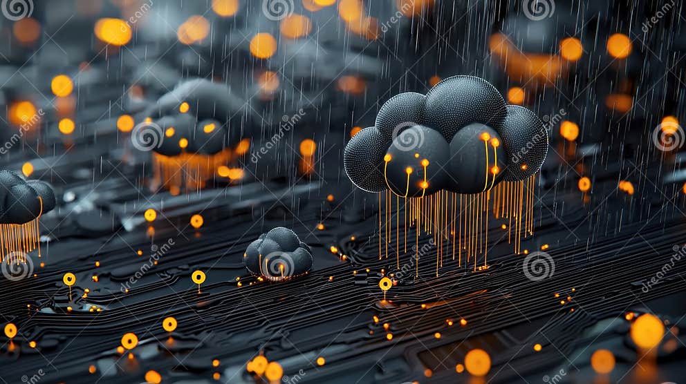 Abstract Digital Cloud Concept with Rain of Data on Circuit Board ...