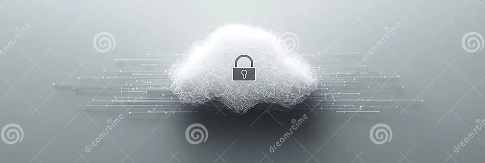Abstract Digital Cloud with a Lock Icon and Binary Code Connections on a Gray Background ...