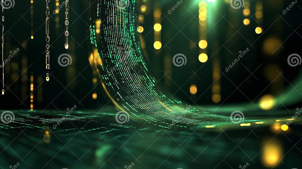 Abstract Digital Code Background with Green and Gold Glow Symbolizing ...