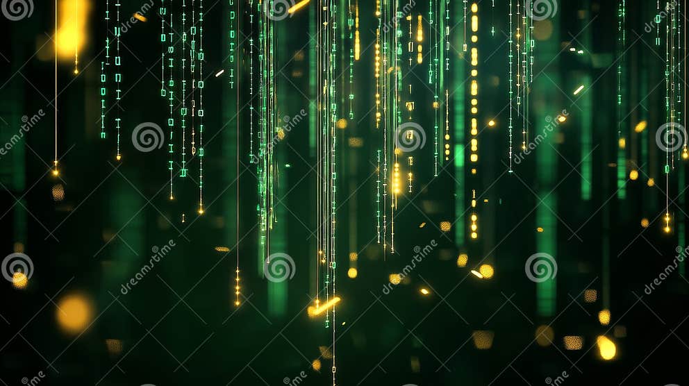 Abstract Digital Code Background with Green and Gold Lights Symbolizing ...