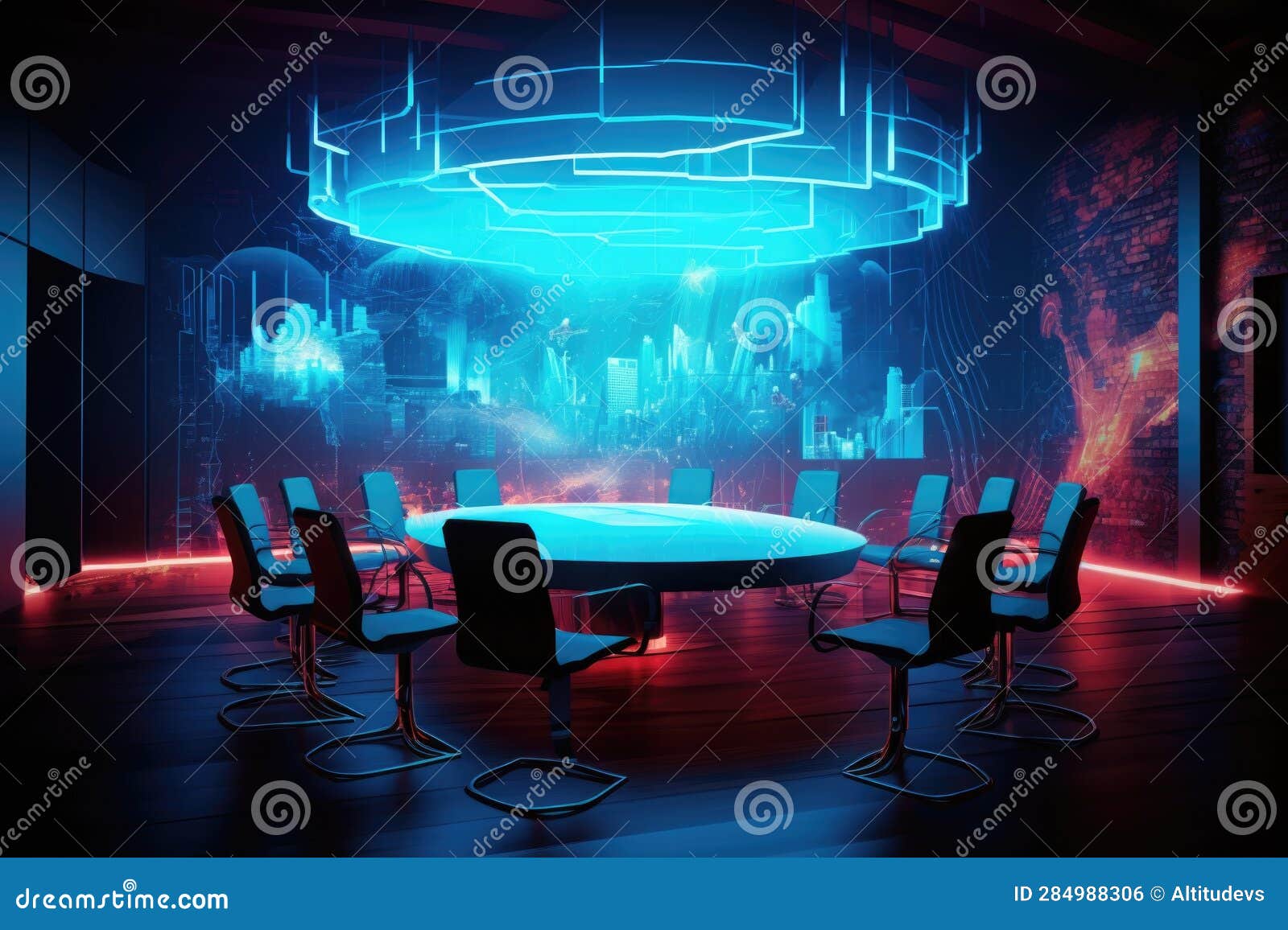 Abstract Digital Conference Room with Glowing Elements Stock ...