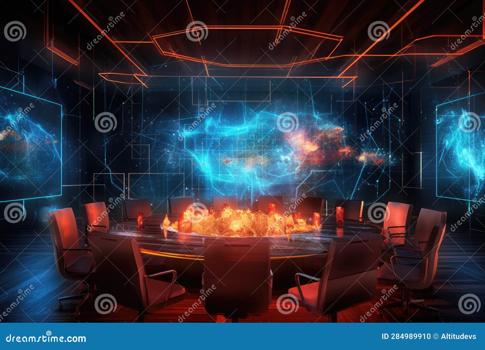 Abstract Digital Conference Room with Glowing Elements Stock ...