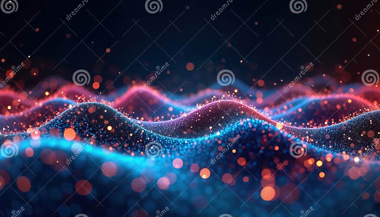 Abstract Digital Data Background. Dynamic Glowing Particles Create Wavy Patterns. Colorful ...