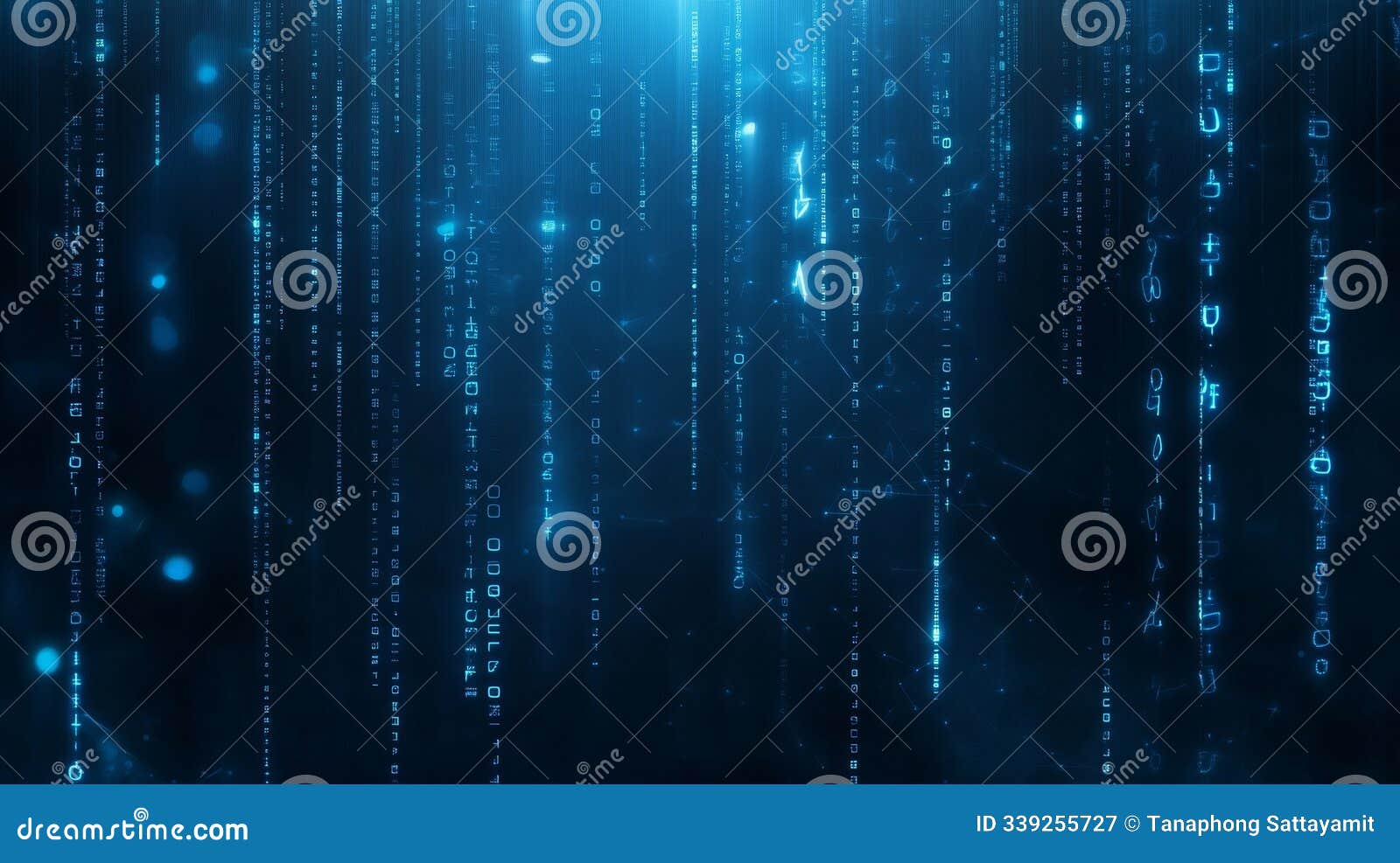 Abstract Digital Data Stream of Binary Code on a Blue Background Symbolizing Technology ...