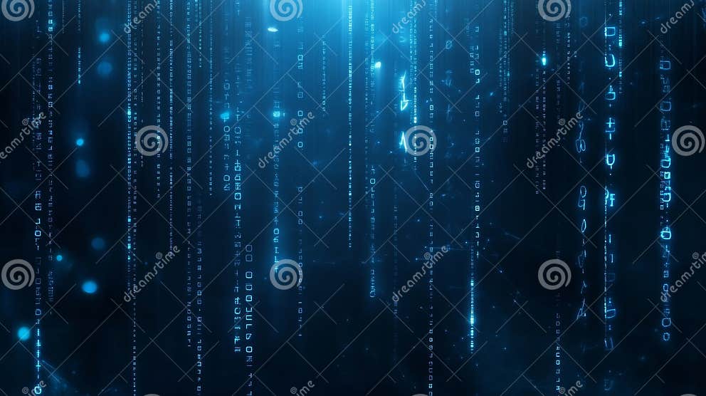 Abstract Digital Data Stream of Binary Code on a Blue Background Symbolizing Technology ...