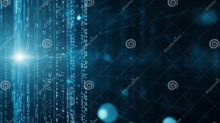 Abstract Digital Data Stream With Blue Binary Code On A Computer Screen