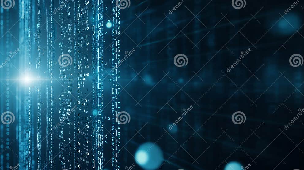 Abstract Digital Data Stream with Blue Binary Code on a Computer Screen Background Symbolizing ...