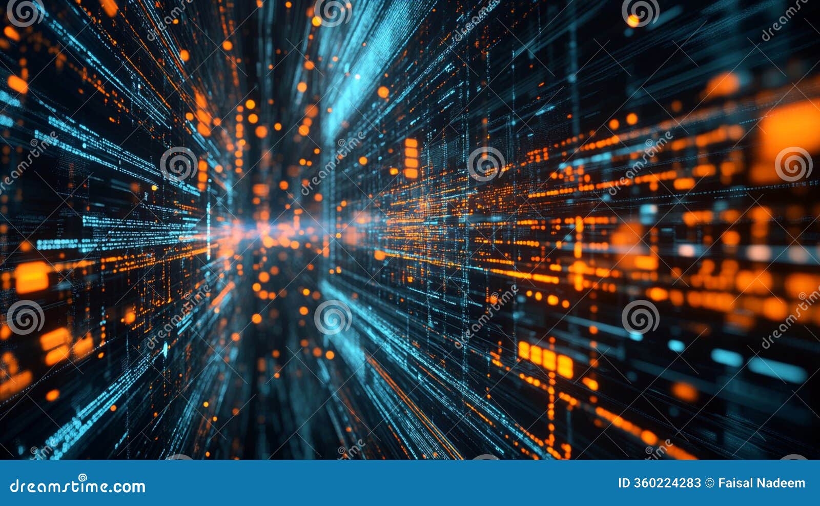 Abstract Digital Data Stream Futuristic Technology Background Orange Blue Code Glow Cyber Space ...