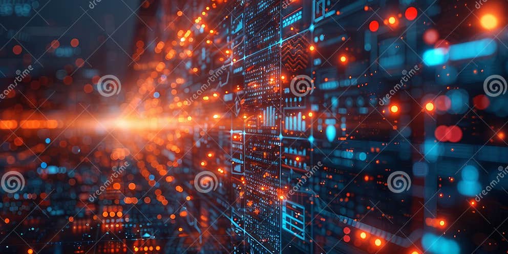Abstract Digital Data Wall with Glowing Orange and Blue Lights and ...