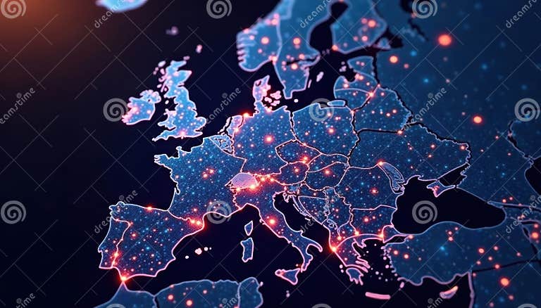 Abstract Digital Europe Map with Cloud Computing Symbols and Connected ...