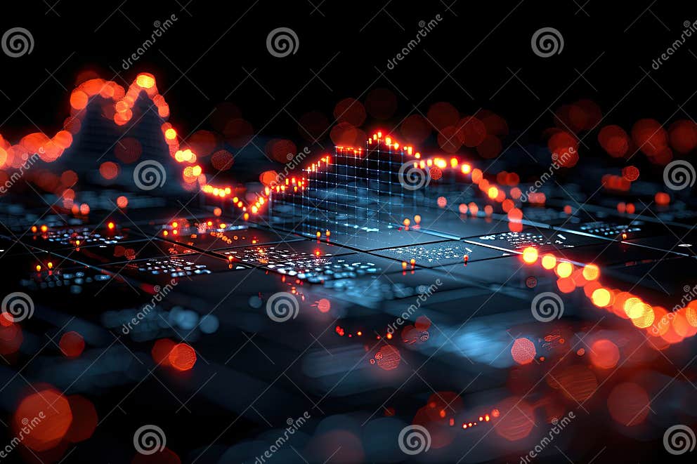 Abstract Digital Financial Chart with Glowing Red and Blue Data Points ...