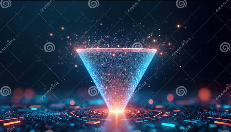 Abstract Digital Funnel Shape with Glowing Particles. Data ...