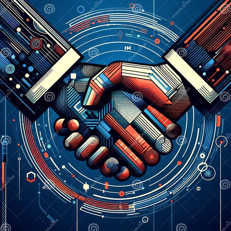 Abstract Digital Handshake with Geometric Patterns and Circuits Stock ...