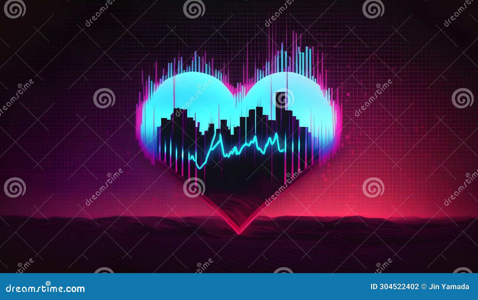 Abstract Digital Heart with Sound Wave on Dark Background, 3d ...