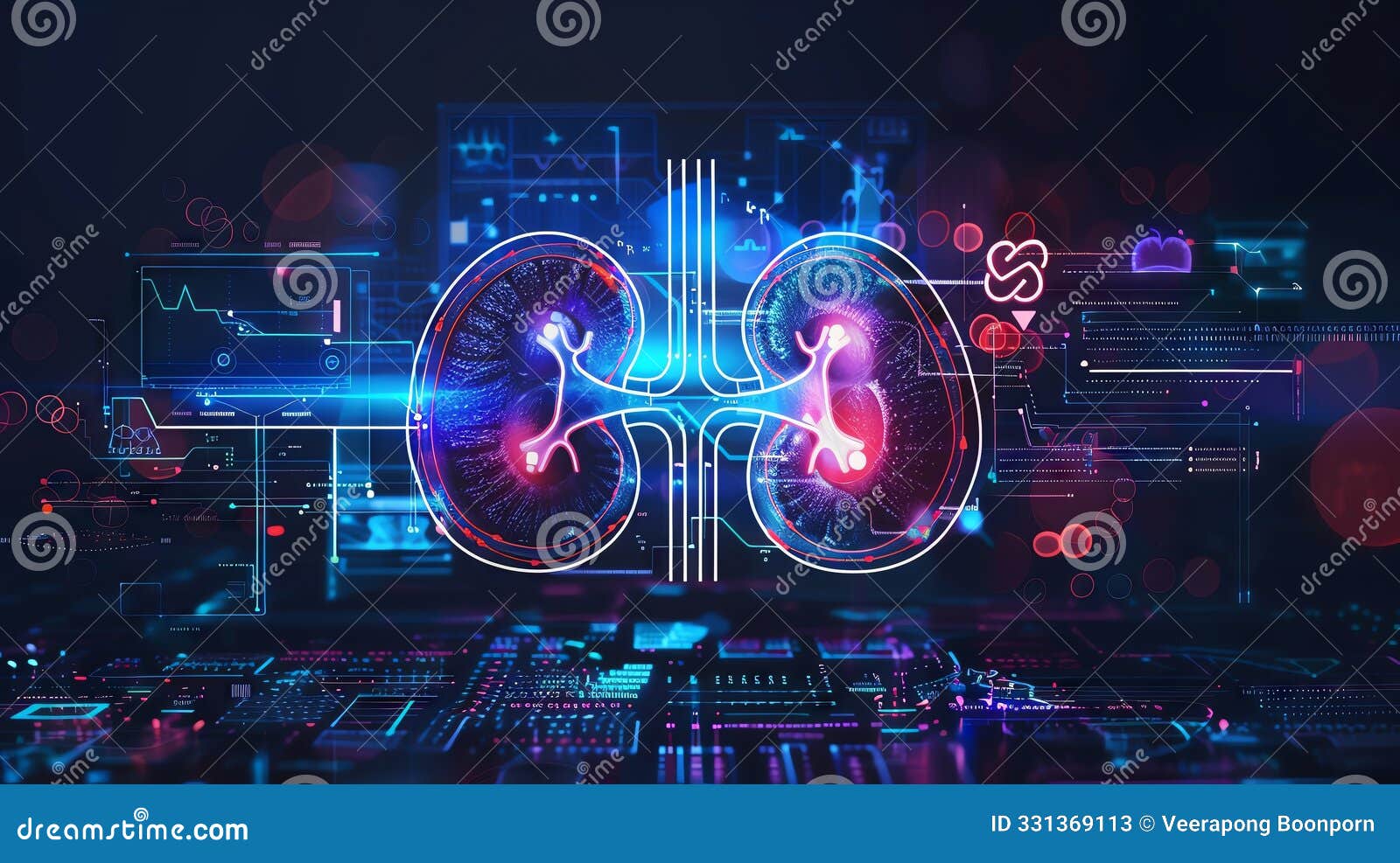 Abstract Digital Illustration of Human Kidneys with Glowing Lines and ...