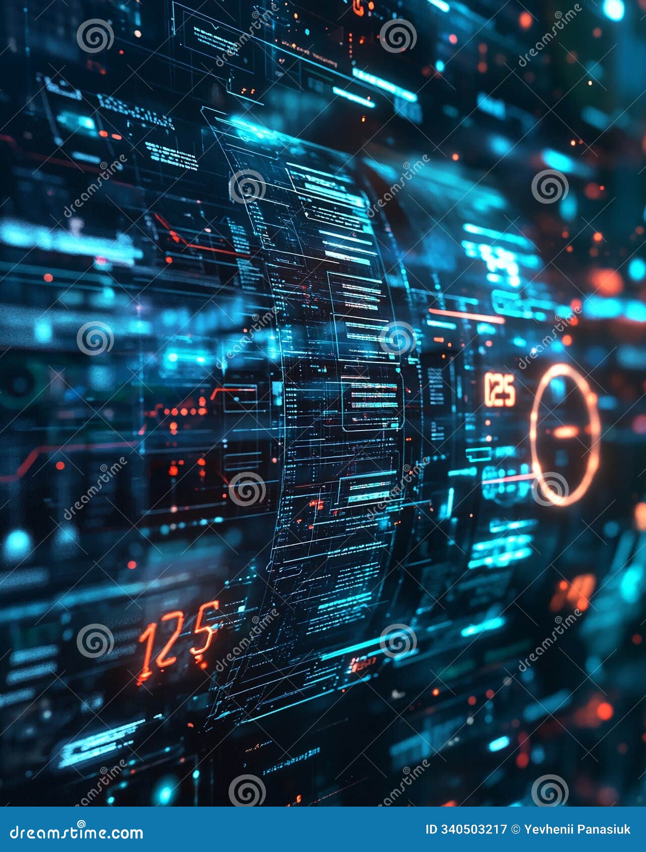 A Close-up View of a Digital Interface with Glowing Blue and Red Lines ...