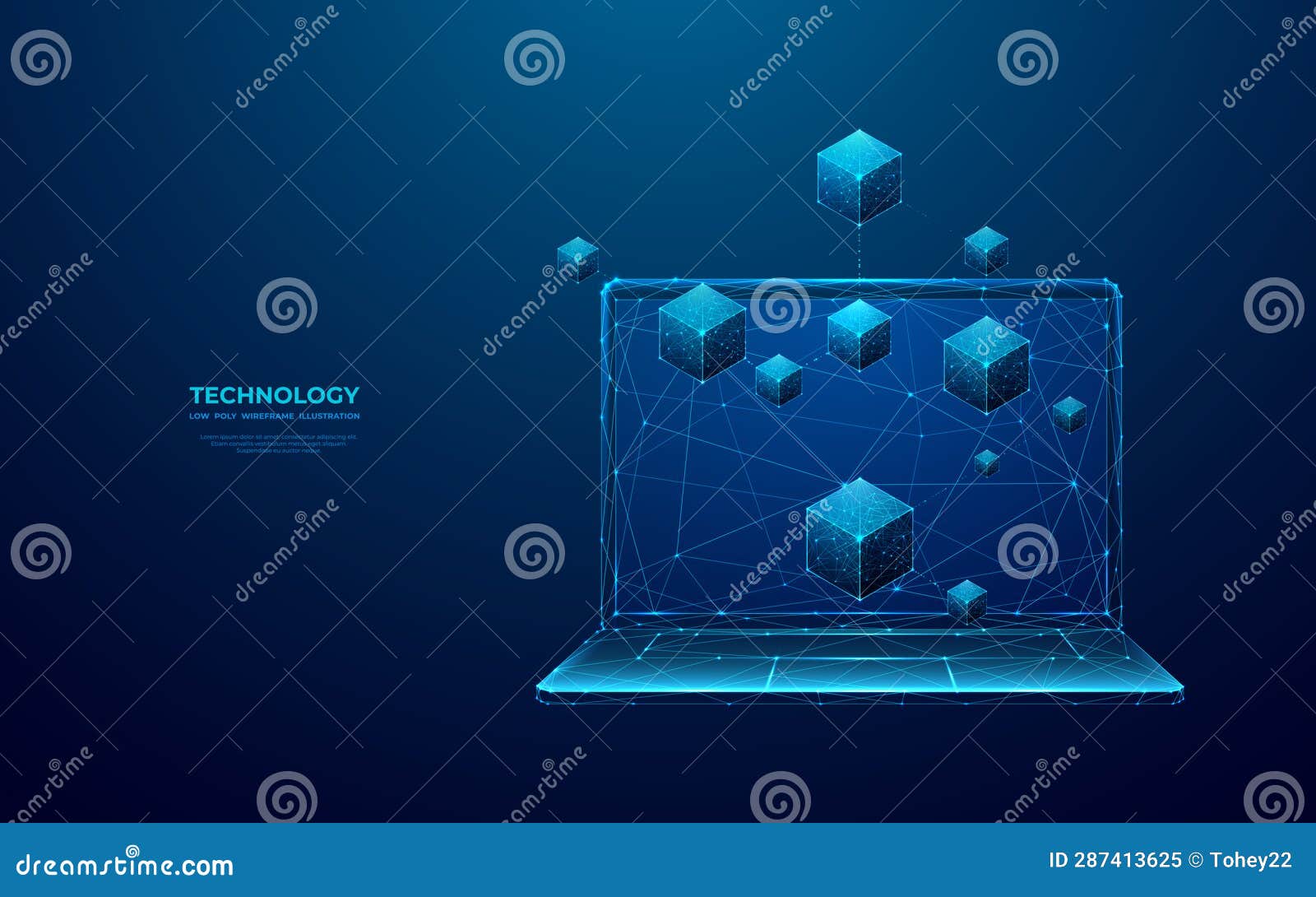 Abstract Digital Isometric Blockchain on Opened Laptop. Linked Blocks ...